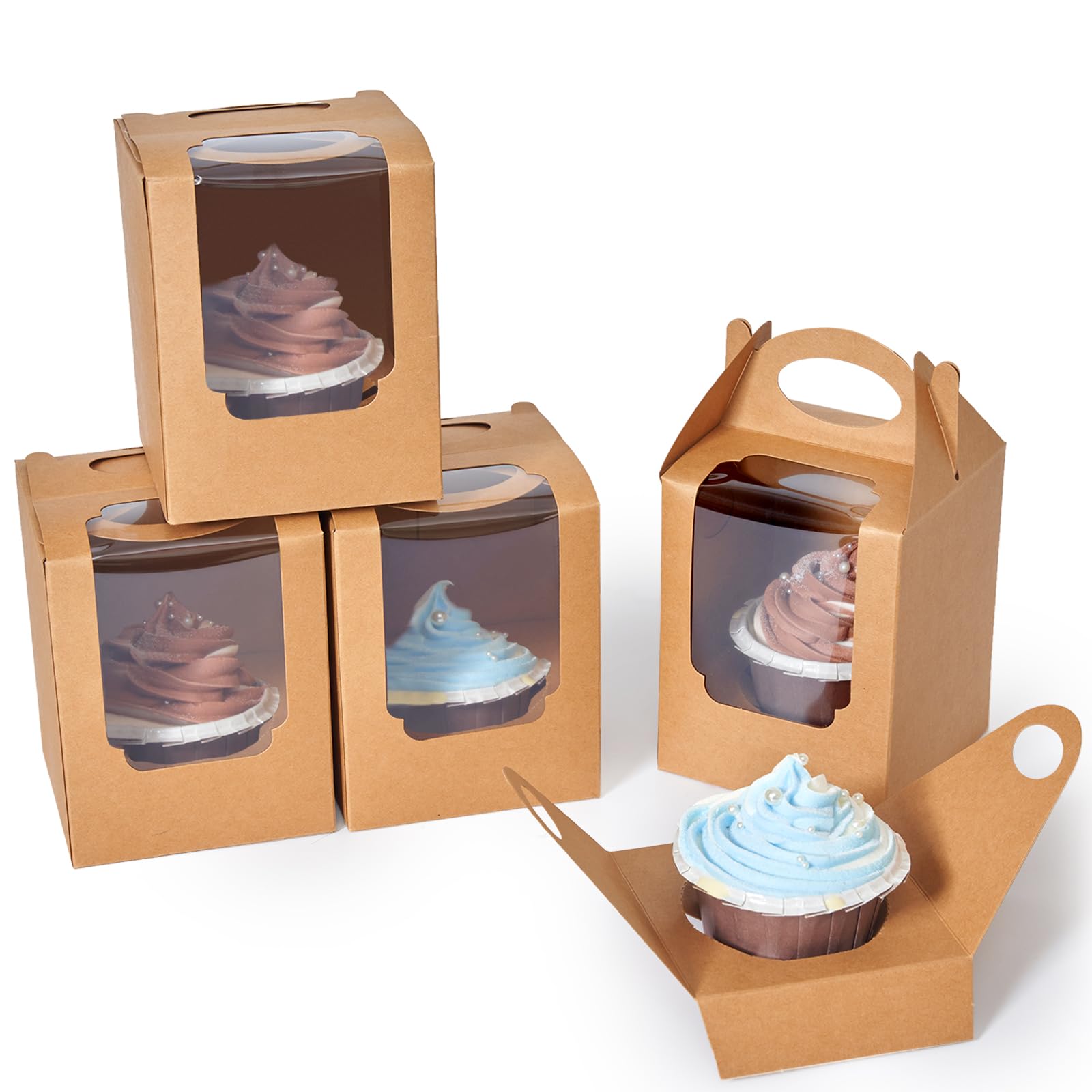 Shallive Cupcake Boxes 50pcs, Individual Cupcake Containers Brown with Window Insert and Handle, Pastry Box Single Muffins Holder Disposable for Bakery Wrapping Party Favor Packaging