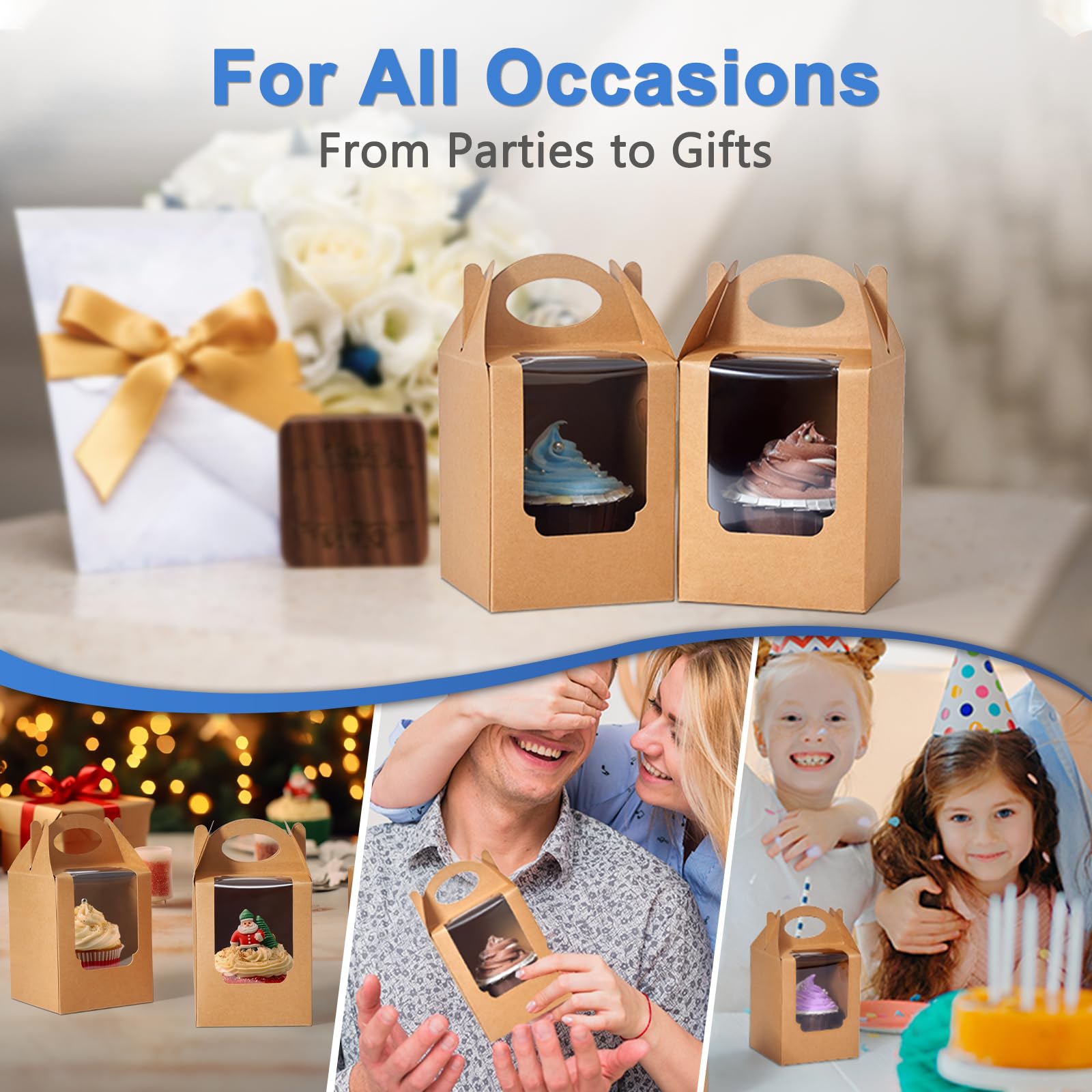 Shallive Cupcake Boxes 50pcs, Individual Cupcake Containers Brown with Window Insert and Handle, Pastry Box Single Muffins Holder Disposable for Bakery Wrapping Party Favor Packaging