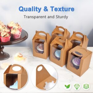 Shallive Cupcake Boxes 50pcs, Individual Cupcake Containers Brown with Window Insert and Handle, Pastry Box Single Muffins Holder Disposable for Bakery Wrapping Party Favor Packaging