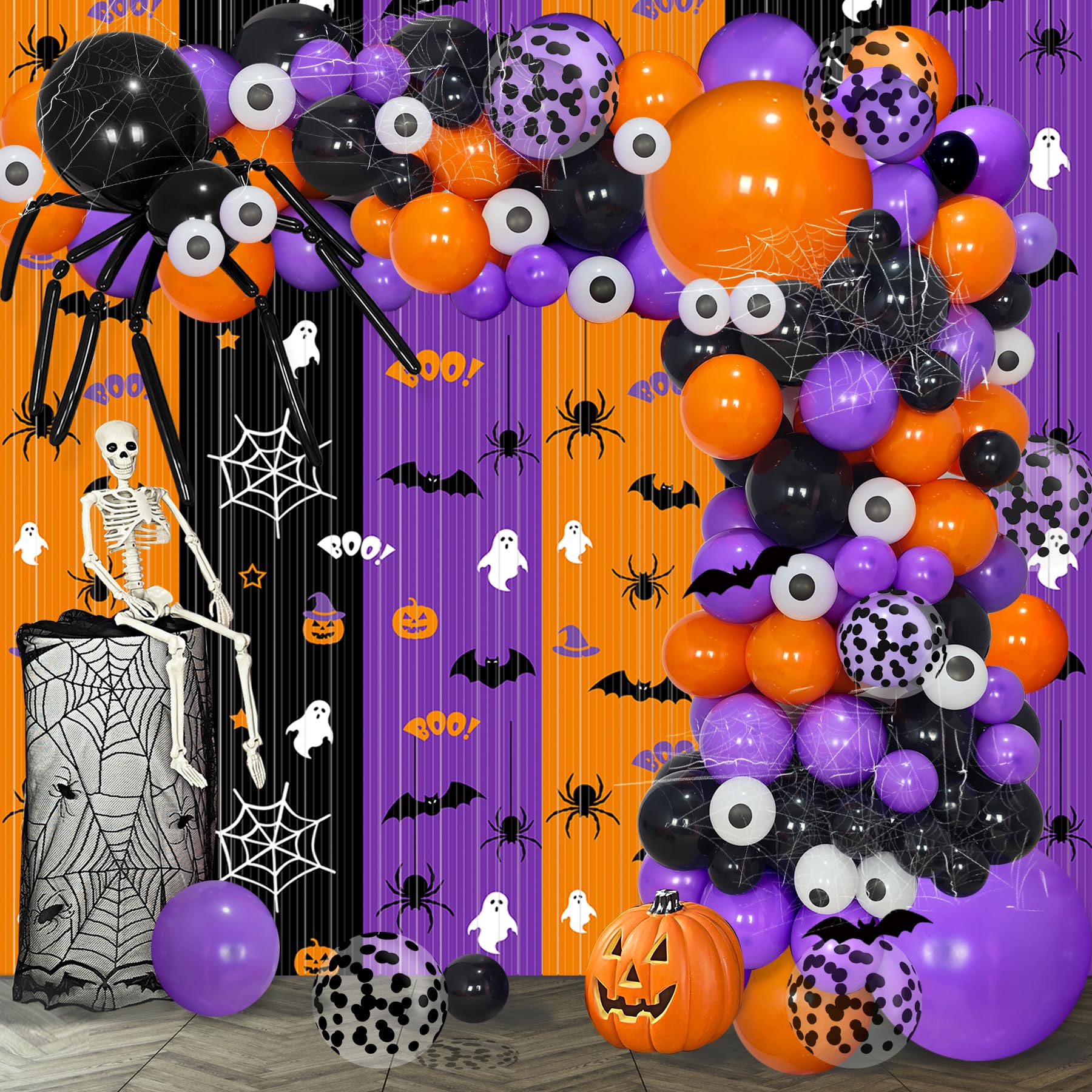 Halloween Balloon Garland Arch Kit, 6.6 X 6.6 ft Halloween Tinsel Foil Fringe Curtain, Halloween Decorations Party Supplies, Spider Balloon, Halloween 3D Bat Sticker, Halloween Party Photo Backdrop