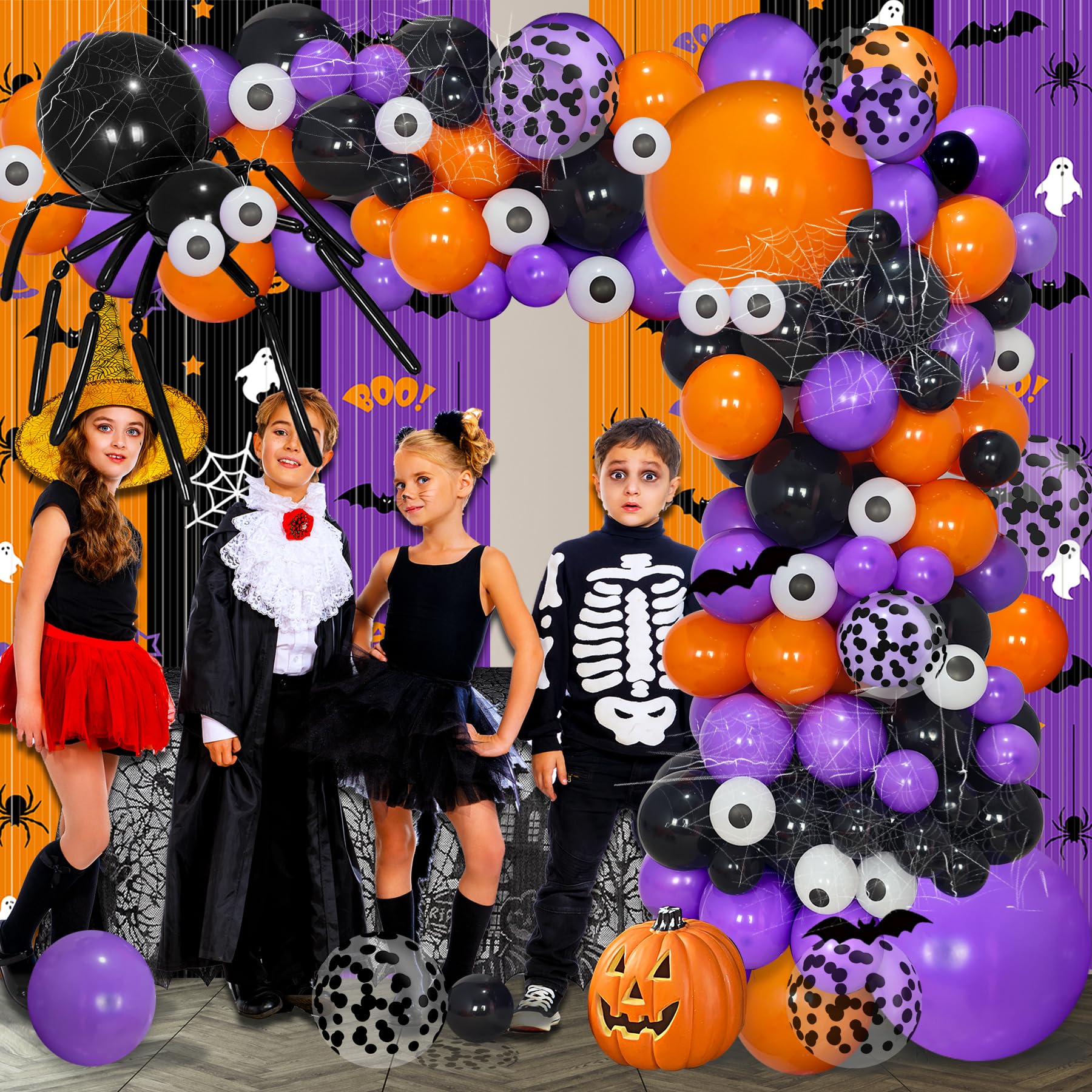 Halloween Balloon Garland Arch Kit, 6.6 X 6.6 ft Halloween Tinsel Foil Fringe Curtain, Halloween Decorations Party Supplies, Spider Balloon, Halloween 3D Bat Sticker, Halloween Party Photo Backdrop