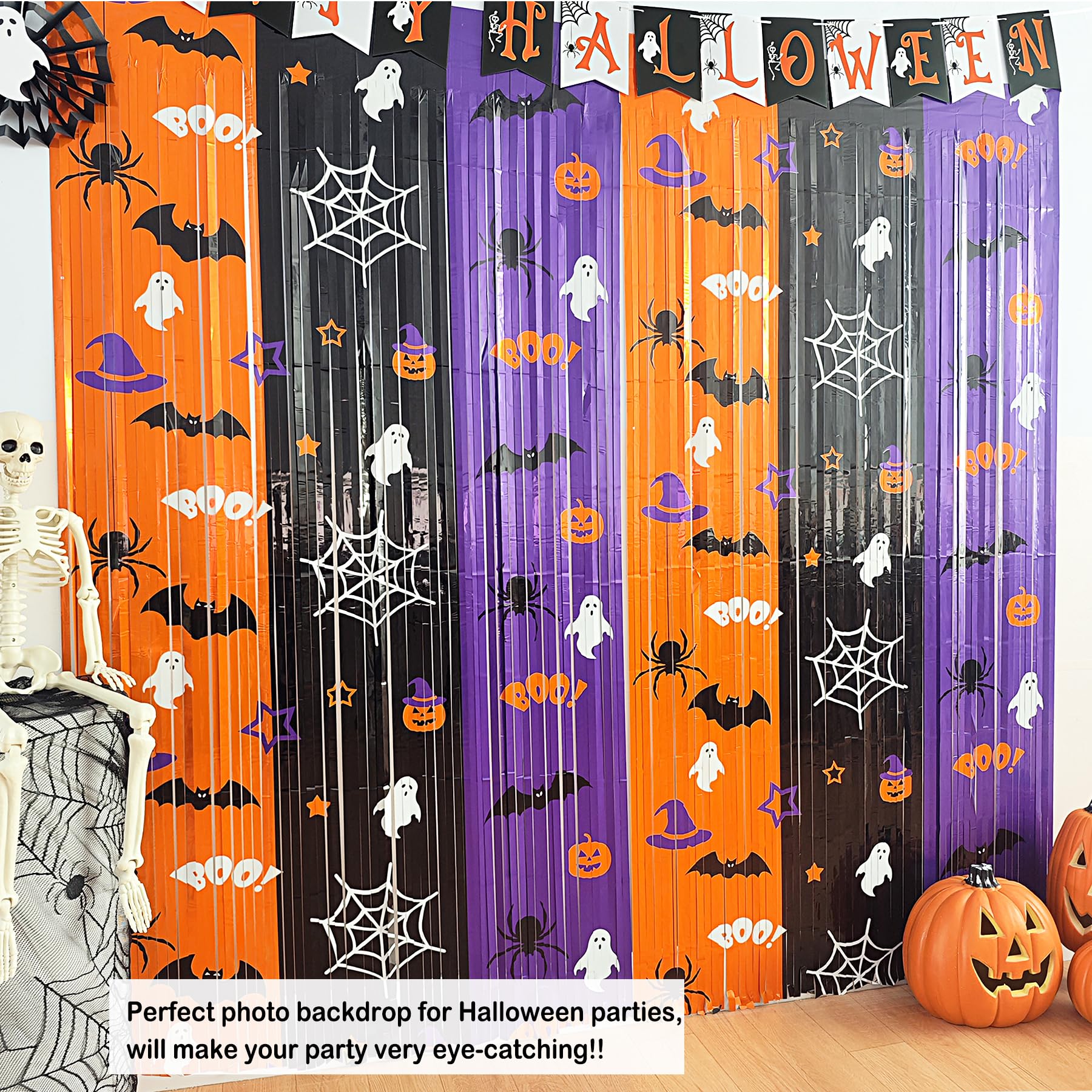 Halloween Balloon Garland Arch Kit, 6.6 X 6.6 ft Halloween Tinsel Foil Fringe Curtain, Halloween Decorations Party Supplies, Spider Balloon, Halloween 3D Bat Sticker, Halloween Party Photo Backdrop