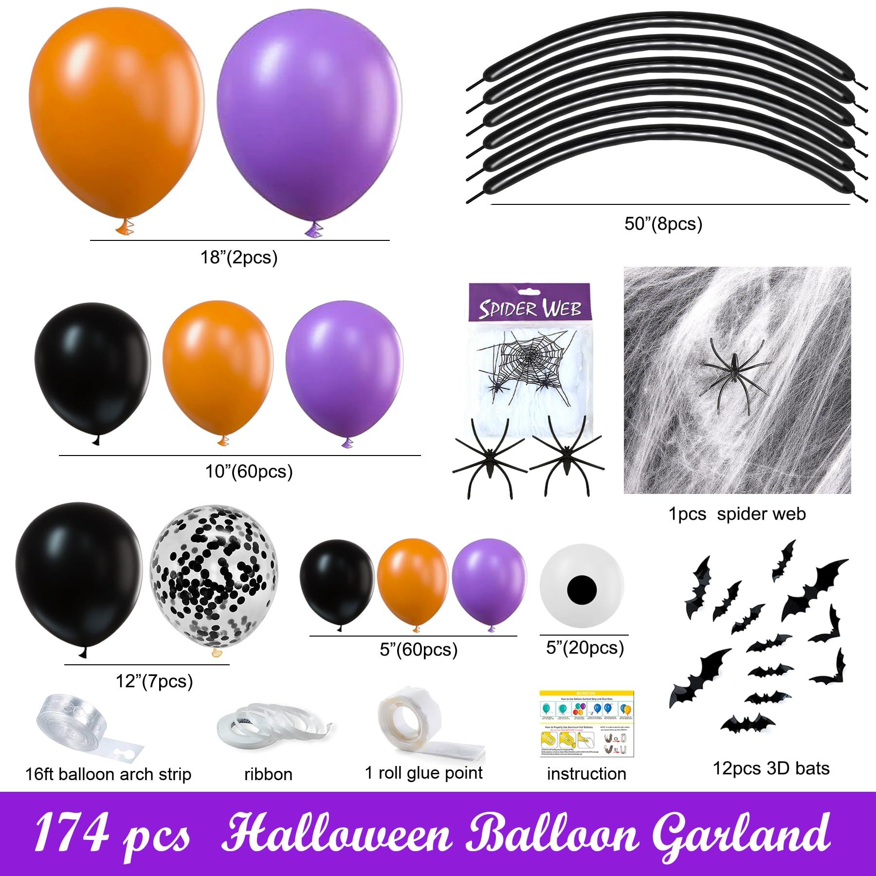 Halloween Balloon Garland Arch Kit, 6.6 X 6.6 ft Halloween Tinsel Foil Fringe Curtain, Halloween Decorations Party Supplies, Spider Balloon, Halloween 3D Bat Sticker, Halloween Party Photo Backdrop