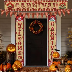 halloween decoration evil circus clown carnival porch banner,wellcome to carnivalc clown sign hangging bloody splatter carnival decor triangle bunting flag for halloween decoration carnival birthday