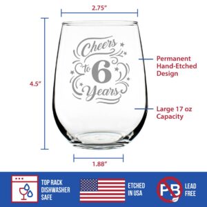 Cheers to 6 Years - Stemless Wine Glass Gifts for Women & Men - 6th Anniversary Party Decor - Large 17 Oz Glasses