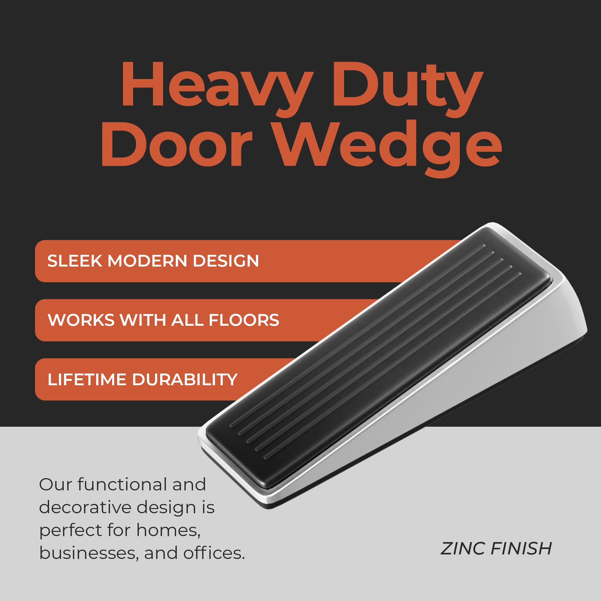 Architectural Hardware - Heavy Duty Zinc Door Stopper with Rubber Anti Scuff Grips (2 Pack) - Metal & Rubber Wedge Door Stoppers for Bottom of Door - Modern Door Stops - Doorstop Jam Door Wedge