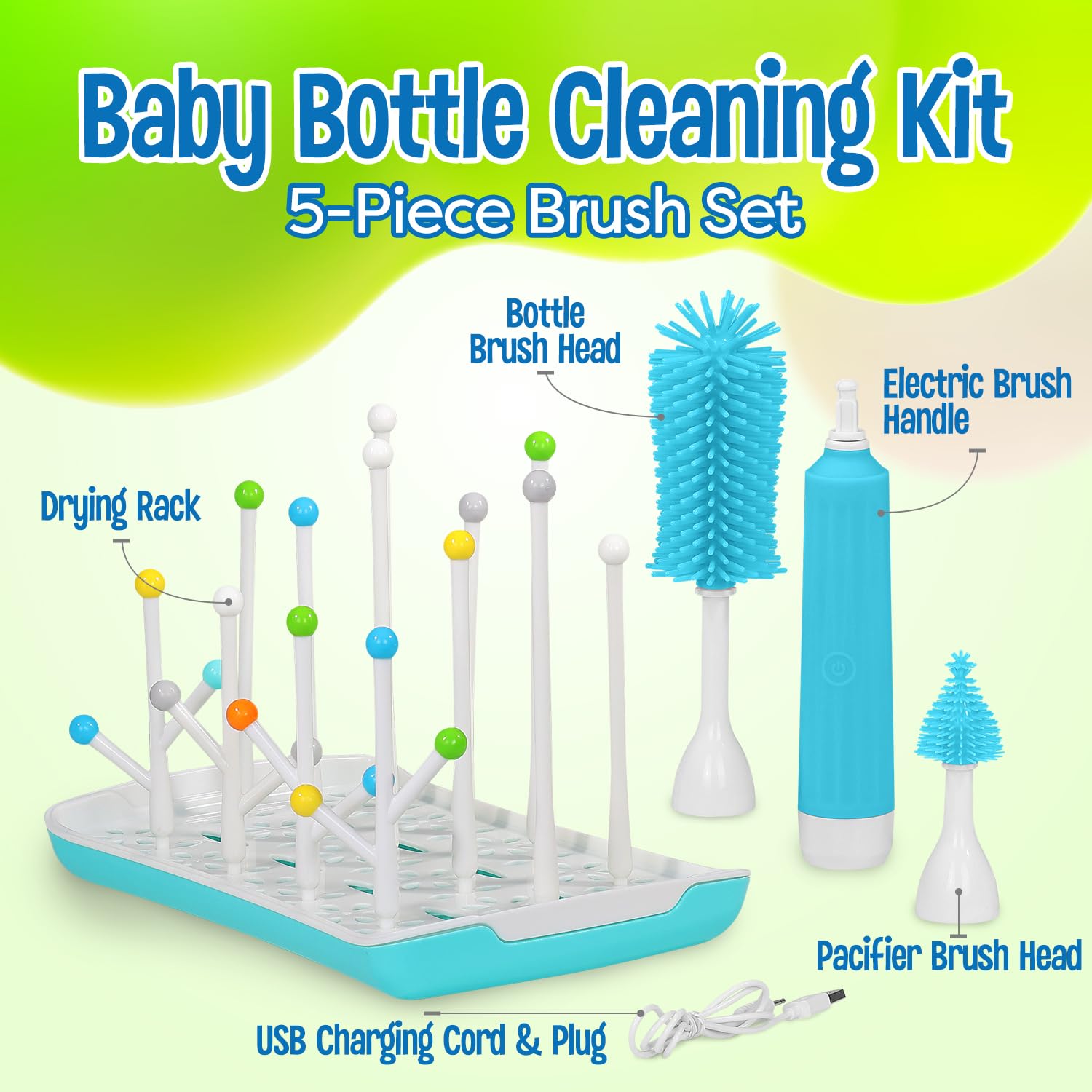 HOMEIFY Electric Bottle Brush Cleaner with Drying Rack - USB Rechargeable Bottle Cleaner Kit with Interchangeable Silicone Brush Heads for Pacifiers,