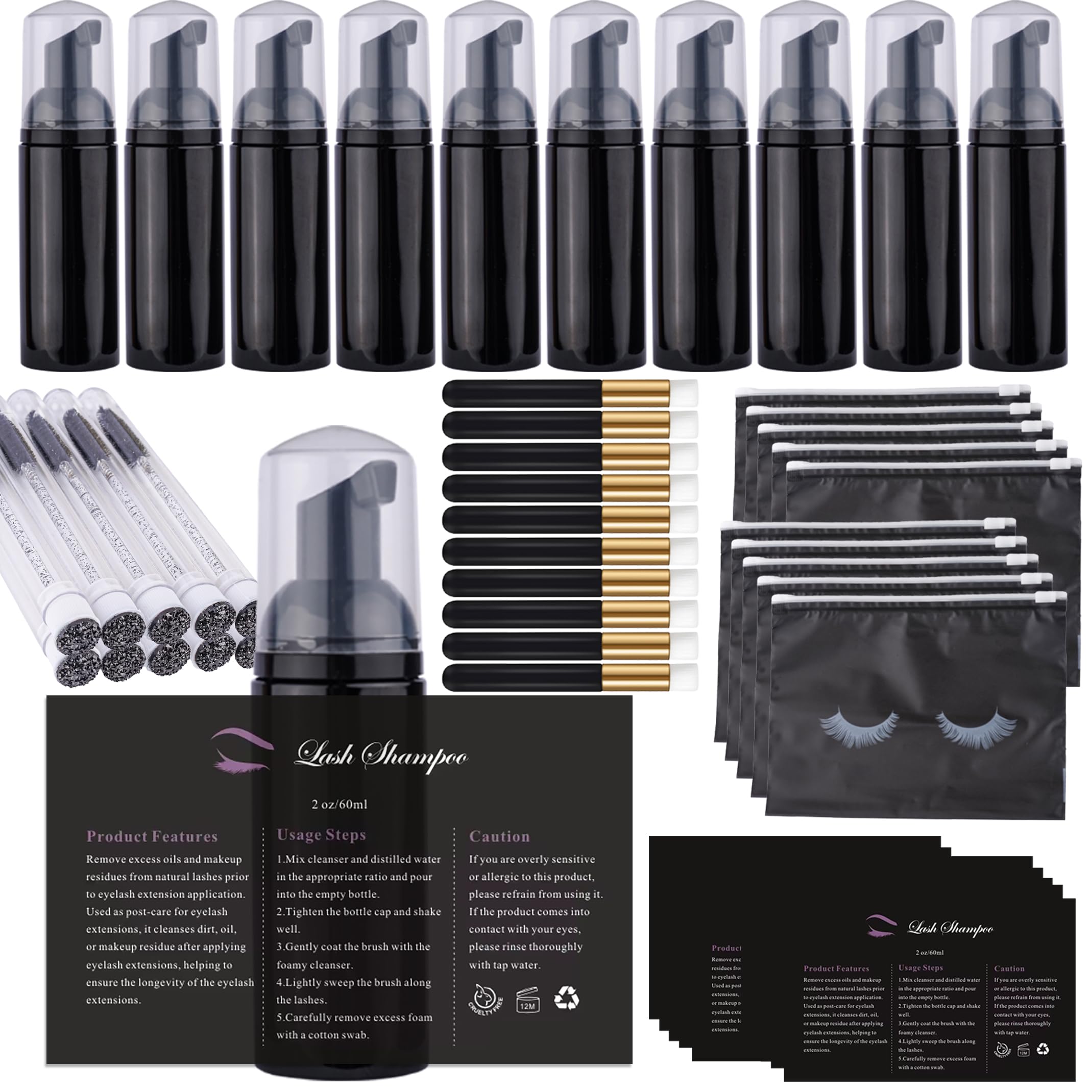 50pcs Lash Extension Cleaning Kit for Clients,10pcs Lash Brushes,10pcs Eyelash Cleaning Brush with Tubes,10pcs Lash Bottles,10pcs Eyelash Aftercare Bags,10pcs Lash Shampoo Label Stickers(Black)