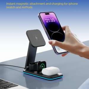 Hohosb Magnetic Charging Station, 3 in 1 Foldable Wireless Charger Stand[Compatible with Magsafe Charger] for iPhone 15/14/13/12 Series, AirPods Pro/3/2,Apple Watch/iWatch(18W Adapter Included)-Black