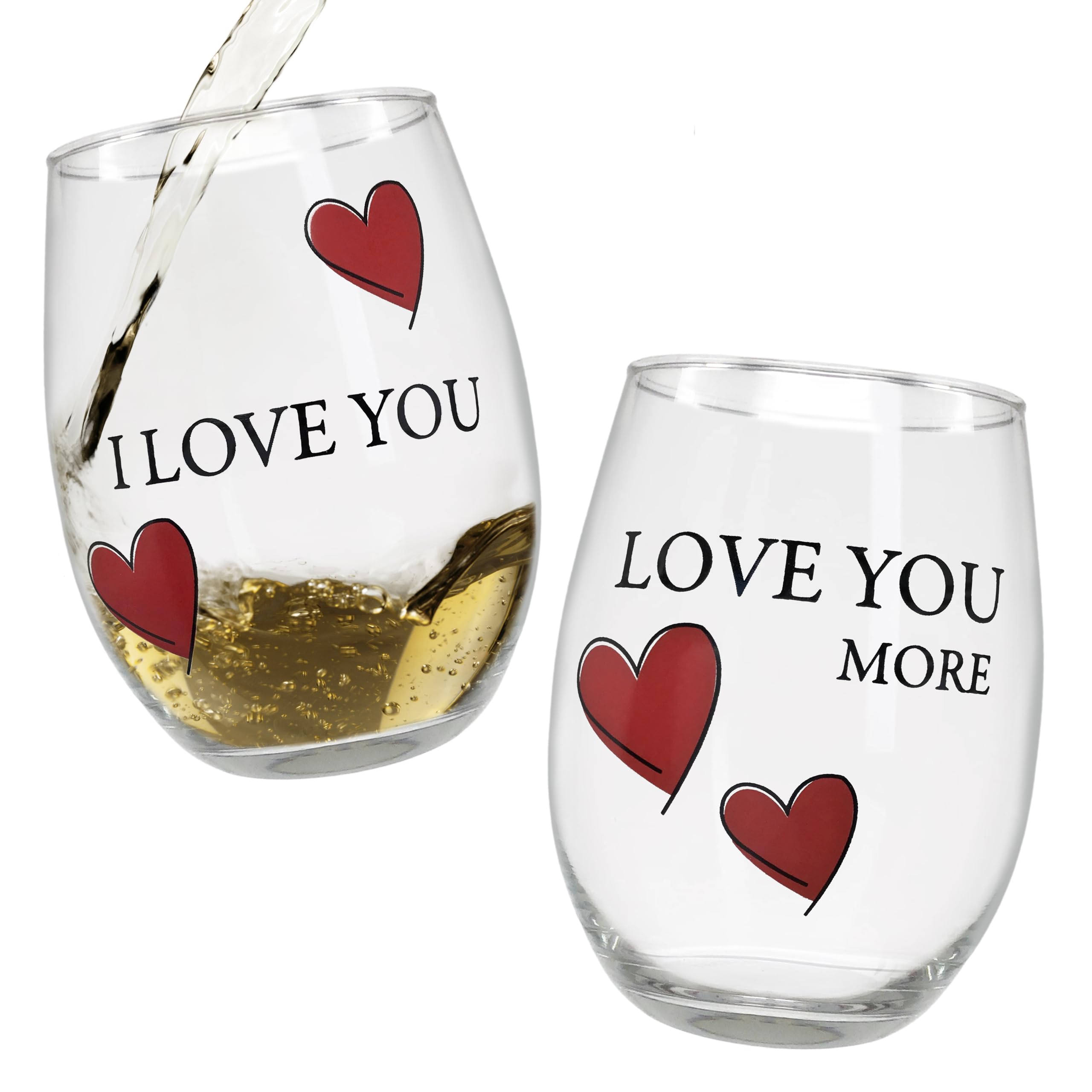 BANBERRY DESIGNS Lover's Wine Glass Set - I Love You, Love You More - Set of 2 - Stemless Wine Glasses with Decorative Hearts - Mr. & Mrs. - His and Her Romantic Glassware 20 oz