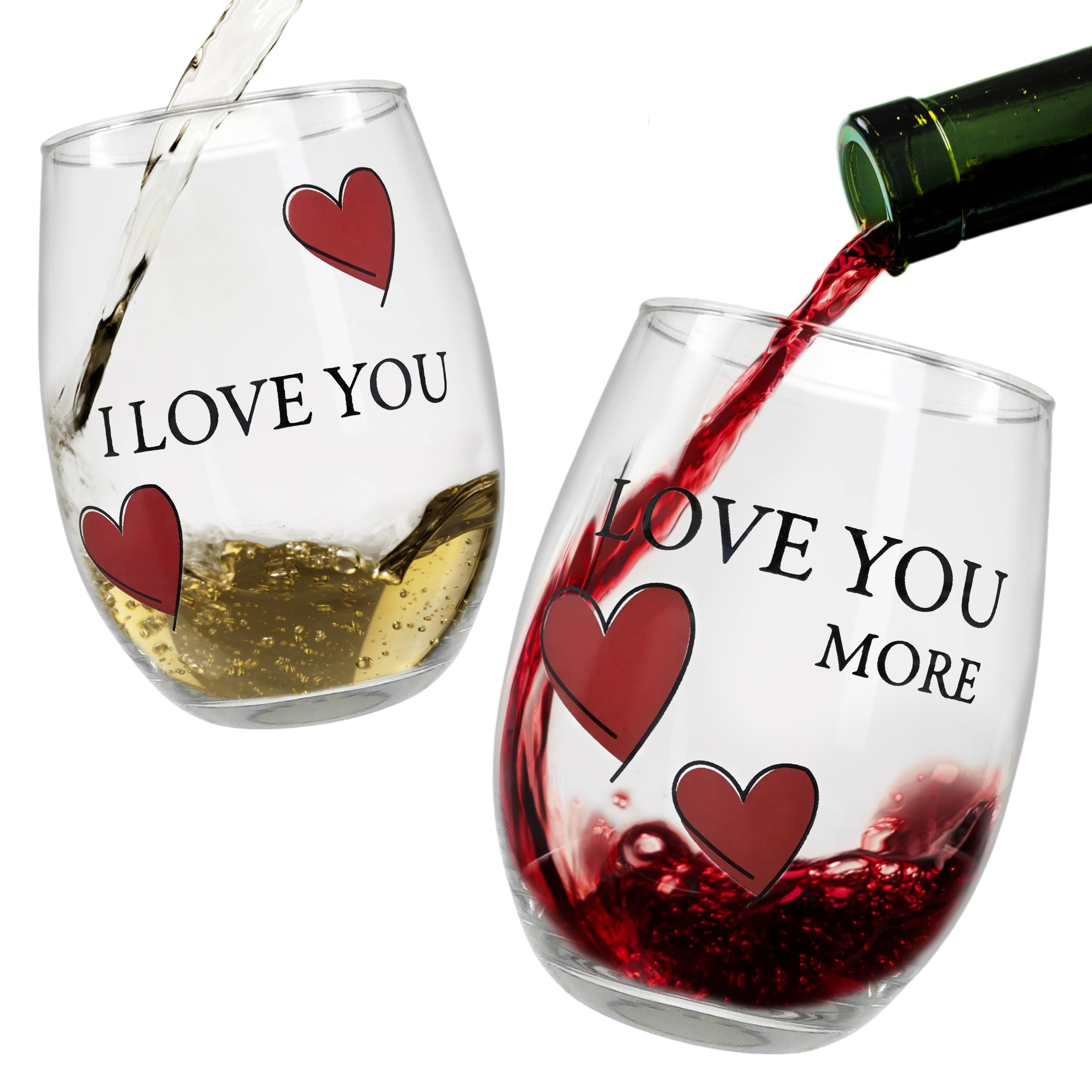 BANBERRY DESIGNS Lover's Wine Glass Set - I Love You, Love You More - Set of 2 - Stemless Wine Glasses with Decorative Hearts - Mr. & Mrs. - His and Her Romantic Glassware 20 oz