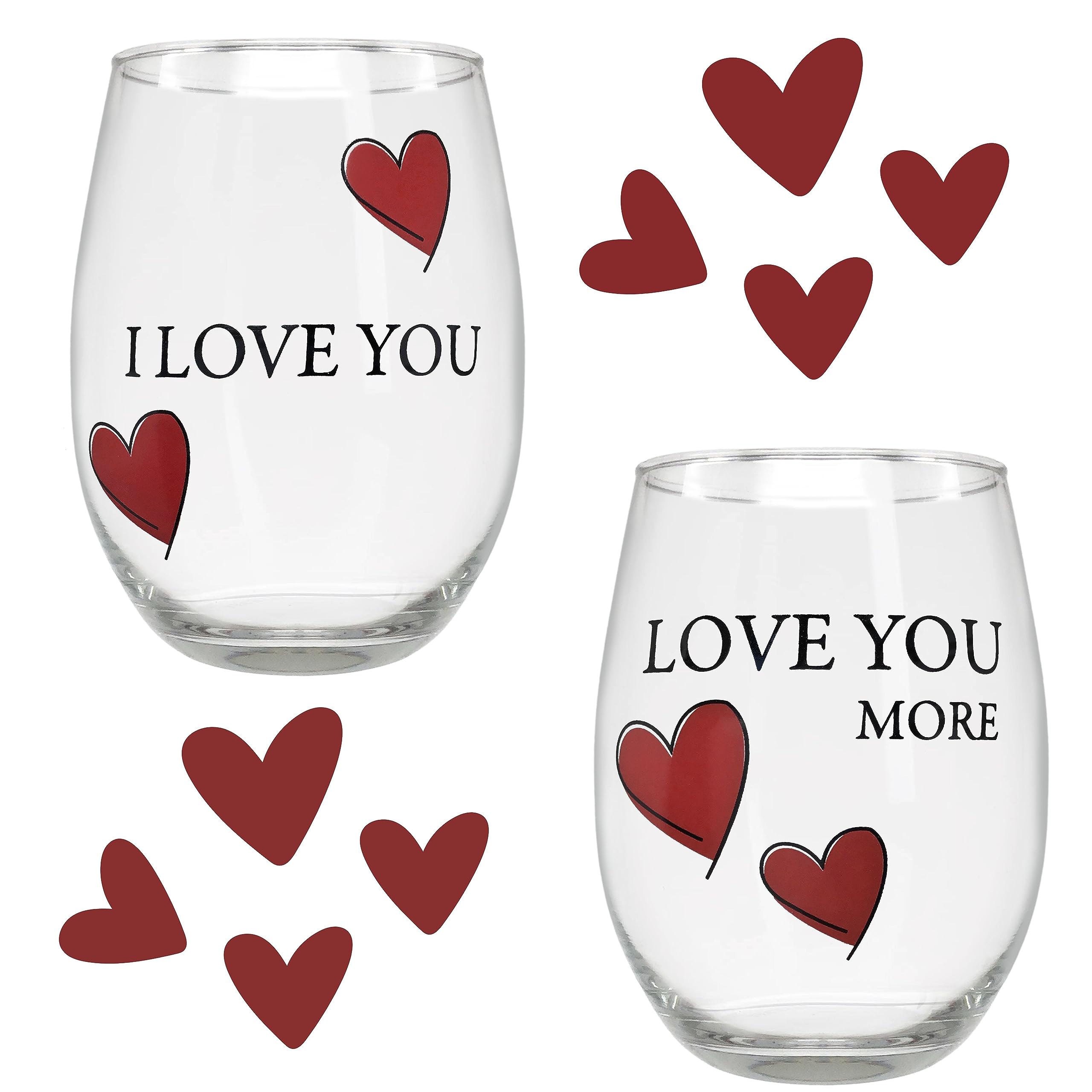 BANBERRY DESIGNS Lover's Wine Glass Set - I Love You, Love You More - Set of 2 - Stemless Wine Glasses with Decorative Hearts - Mr. & Mrs. - His and Her Romantic Glassware 20 oz