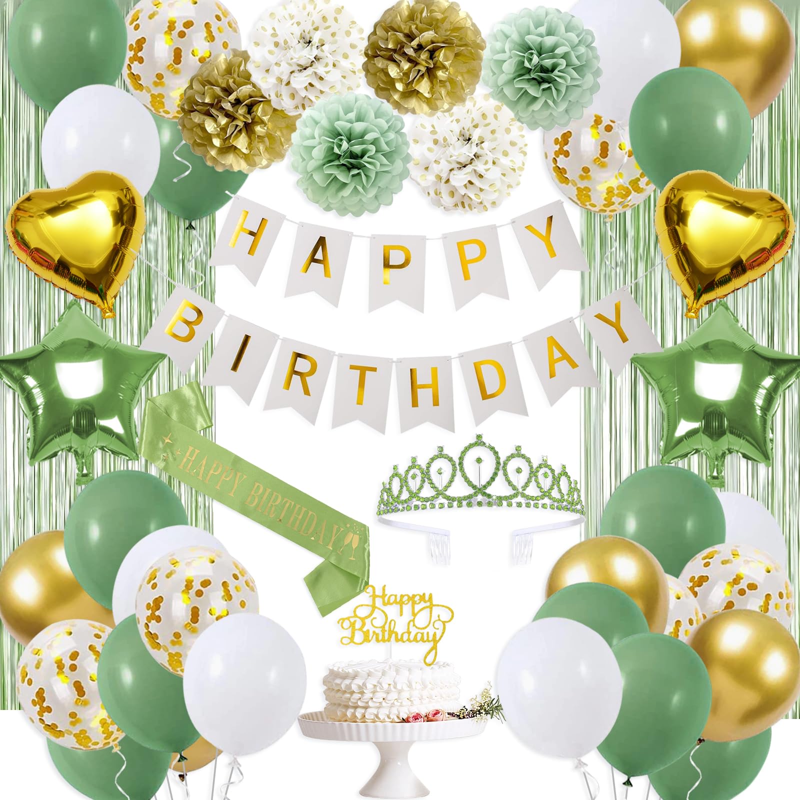 Rabbmall Sage Green Birthday Decorations for Women Girls Gold and Green Party Decor Set with Happy Birthday Banner and Balloons, Sash and Crown, Curtains, Balloon Decorations Kit