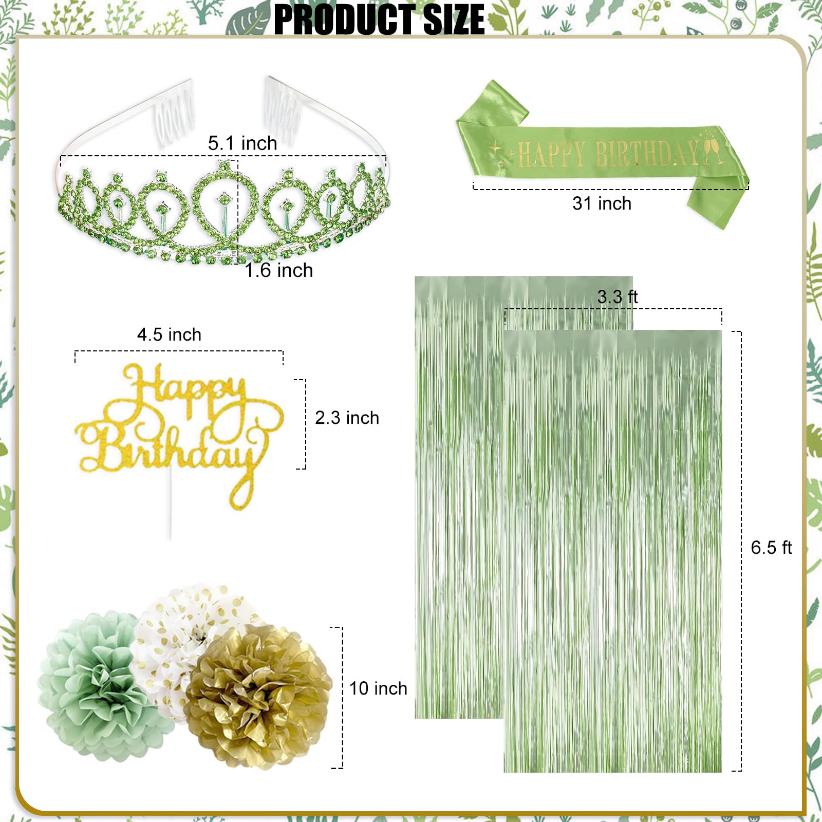 Rabbmall Sage Green Birthday Decorations for Women Girls Gold and Green Party Decor Set with Happy Birthday Banner and Balloons, Sash and Crown, Curtains, Balloon Decorations Kit