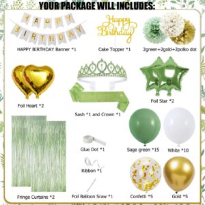 Rabbmall Sage Green Birthday Decorations for Women Girls Gold and Green Party Decor Set with Happy Birthday Banner and Balloons, Sash and Crown, Curtains, Balloon Decorations Kit