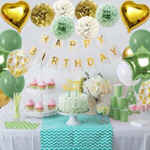 Rabbmall Sage Green Birthday Decorations for Women Girls Gold and Green Party Decor Set with Happy Birthday Banner and Balloons, Sash and Crown, Curtains, Balloon Decorations Kit