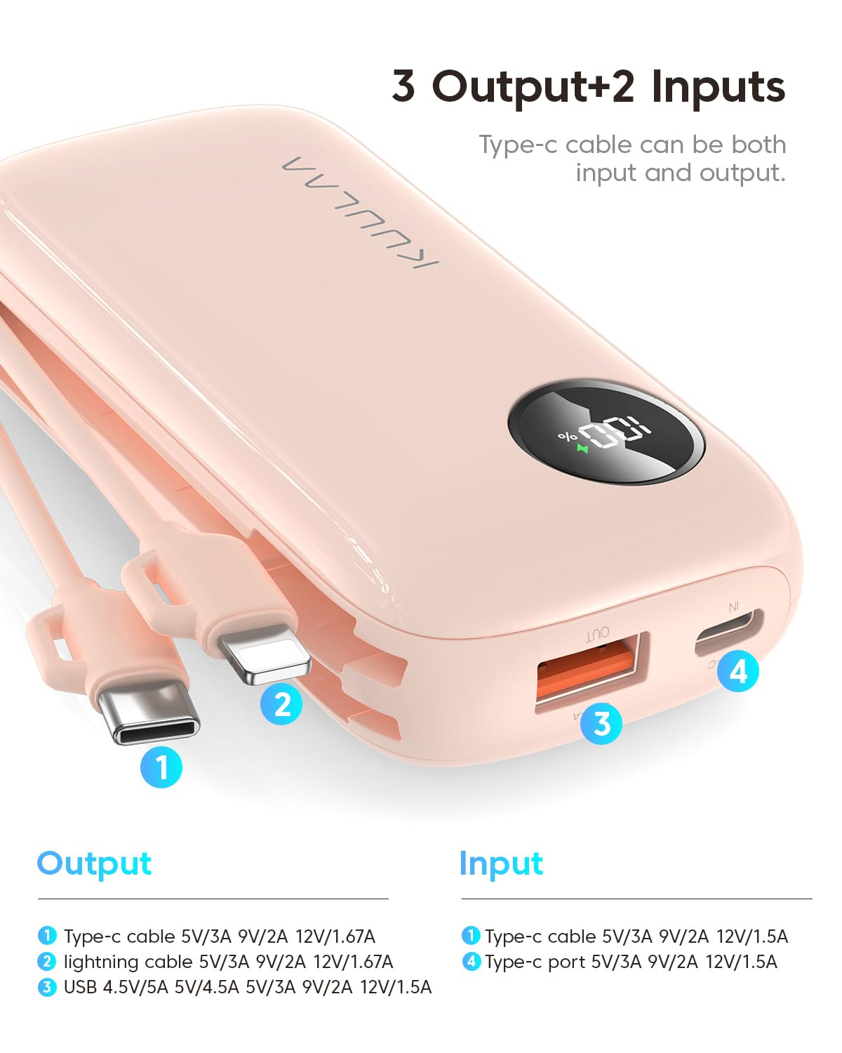 Portable Charger Power Bank 10000mAh Fast Charging PD 20W Portable Phone Charger with Built in Cable, LED Display Battery Pack for iPhone Android Samsung etc