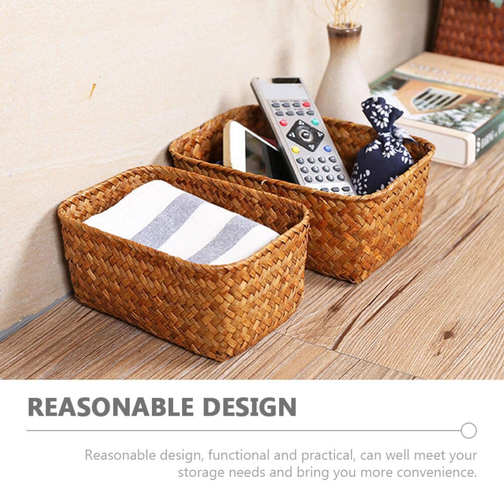 Home Decor Wicker Storage Basket Natural Woven Rattan Seagrass Storage Box Rectangular Household Organizer Boxes Shelf Wardrobe Organizer for Clothes Sundries Stationery To-y