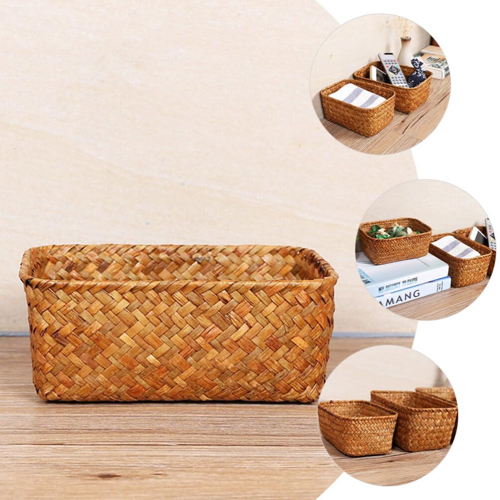 Home Decor Wicker Storage Basket Natural Woven Rattan Seagrass Storage Box Rectangular Household Organizer Boxes Shelf Wardrobe Organizer for Clothes Sundries Stationery To-y