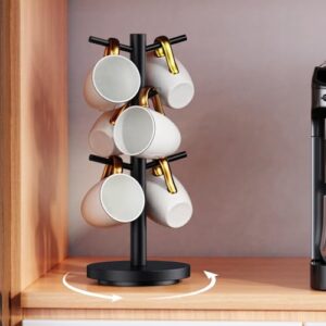 coffee mug holder tree, upgraded 360° rotated coffee cup holder for counter, wood coffee mug tree, coffee mug rack with 6 hooks, coffee mug organizer station, mug stand coffee bar accessories, black