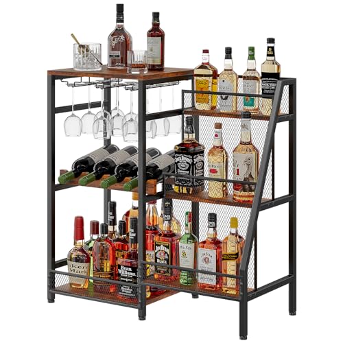 3-Tier Retro Brown Liquor Display Stand with Wine Racks, Glass Holder - For Home Bar