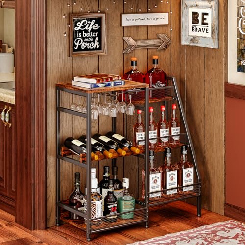 3-Tier Retro Brown Liquor Display Stand with Wine Racks, Glass Holder - For Home Bar