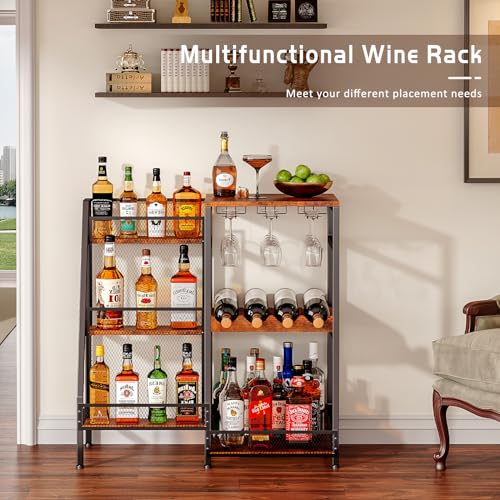 3-Tier Retro Brown Liquor Display Stand with Wine Racks, Glass Holder - For Home Bar