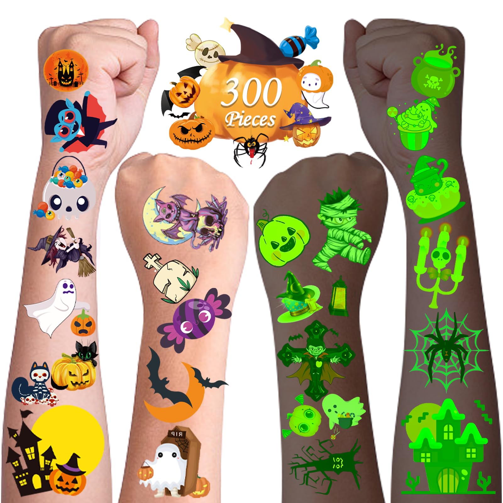 300PCS Halloween Glow Tattoo Stickers,Temporary Waterproof Tattoo Stickers Halloween Party Favors Decoration,Goodie Bag Fillers and "Trick or Treat" Gifts for Kid