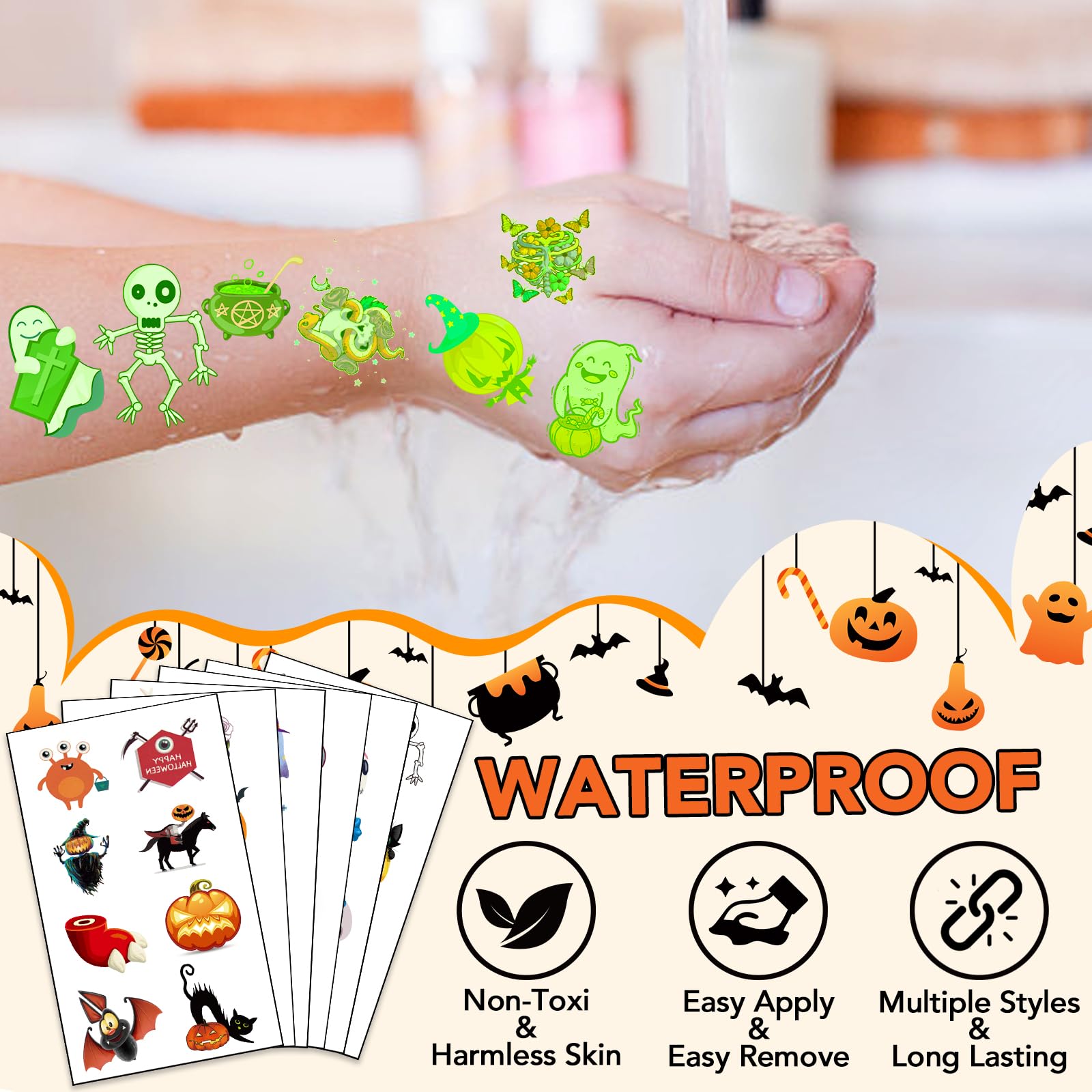 300PCS Halloween Glow Tattoo Stickers,Temporary Waterproof Tattoo Stickers Halloween Party Favors Decoration,Goodie Bag Fillers and "Trick or Treat" Gifts for Kid