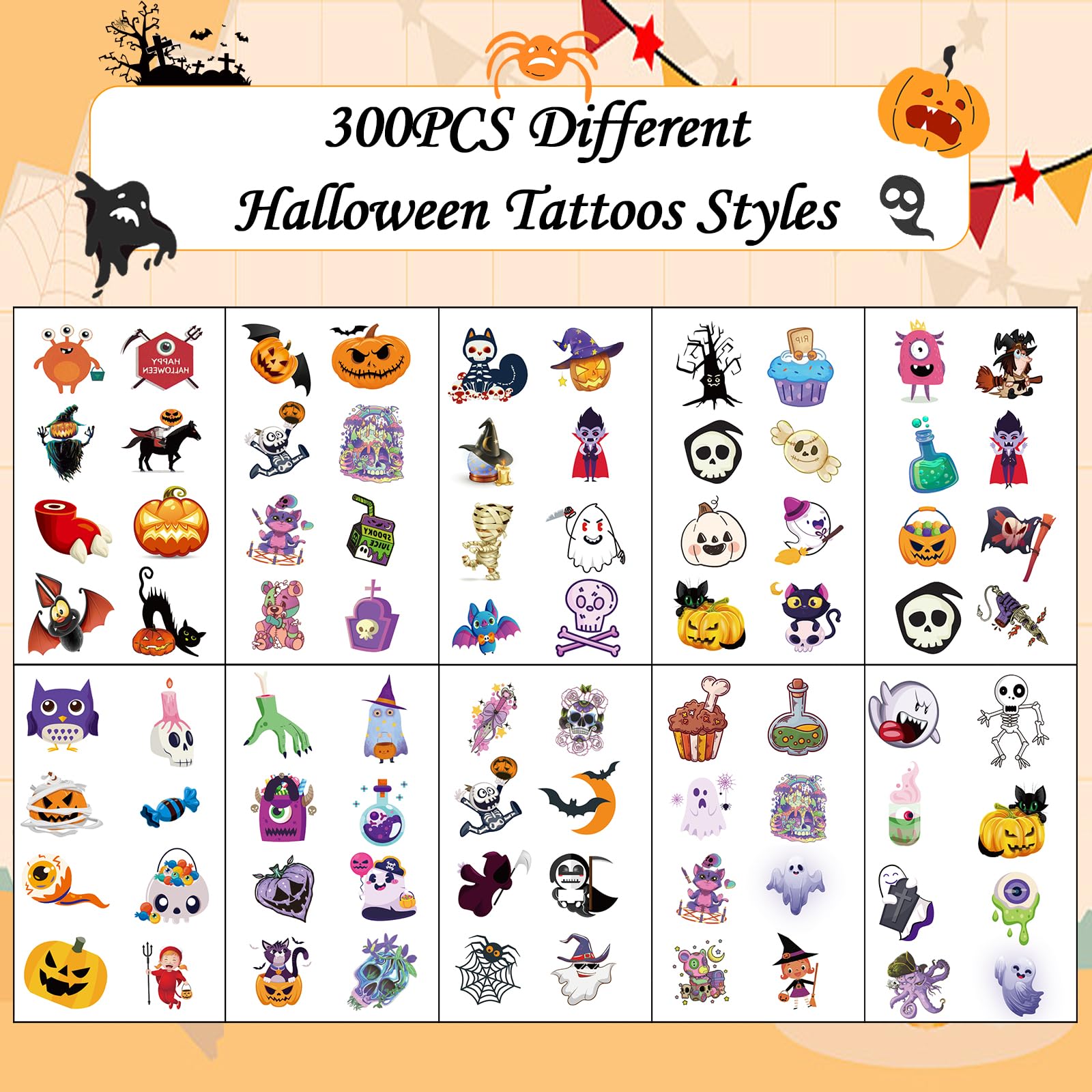 300PCS Halloween Glow Tattoo Stickers,Temporary Waterproof Tattoo Stickers Halloween Party Favors Decoration,Goodie Bag Fillers and "Trick or Treat" Gifts for Kid