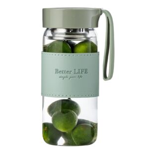 dnienkge glass tea bottle 16 oz drinking bottle with non-slip holster, and stainless tea infuser,leak proof lid,portable glass water bottle for school, office, car home,as a gift, etc (green)