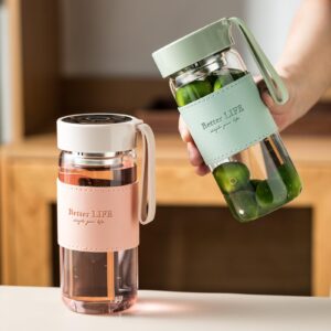 DNIENKGE Glass tea bottle 16 oz drinking bottle with Non-Slip holster, and Stainless Tea Infuser,Leak Proof Lid,Portable glass water bottle for school, office, car home,as a gift, etc (Green)