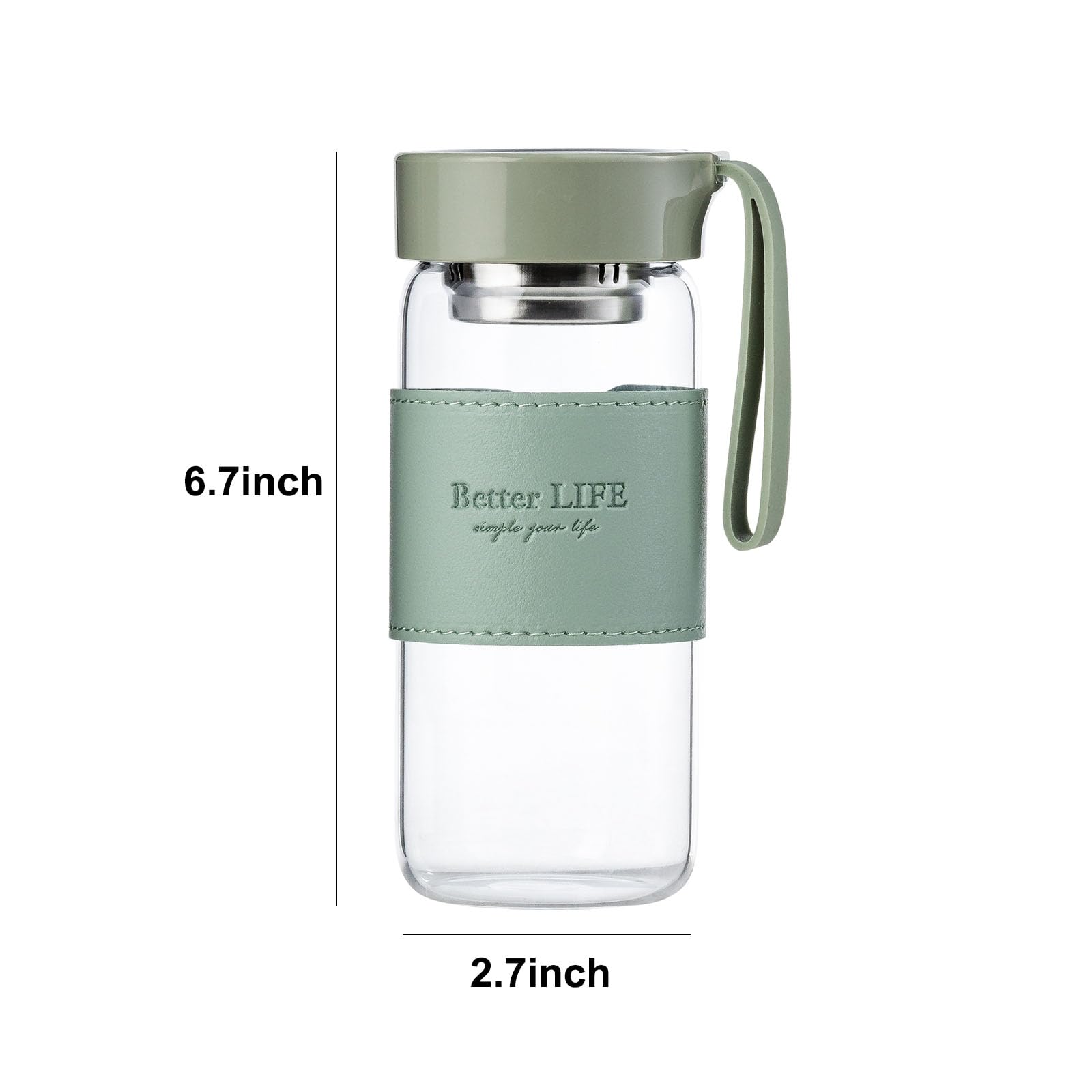 DNIENKGE Glass tea bottle 16 oz drinking bottle with Non-Slip holster, and Stainless Tea Infuser,Leak Proof Lid,Portable glass water bottle for school, office, car home,as a gift, etc (Green)