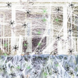 1000 sqft spider webs halloween decorations 50 glow and 50 black fake spiders, super stretch large spread cobwebs for indoor outdoor halloween party haunted house spooky office/yard decor supplies