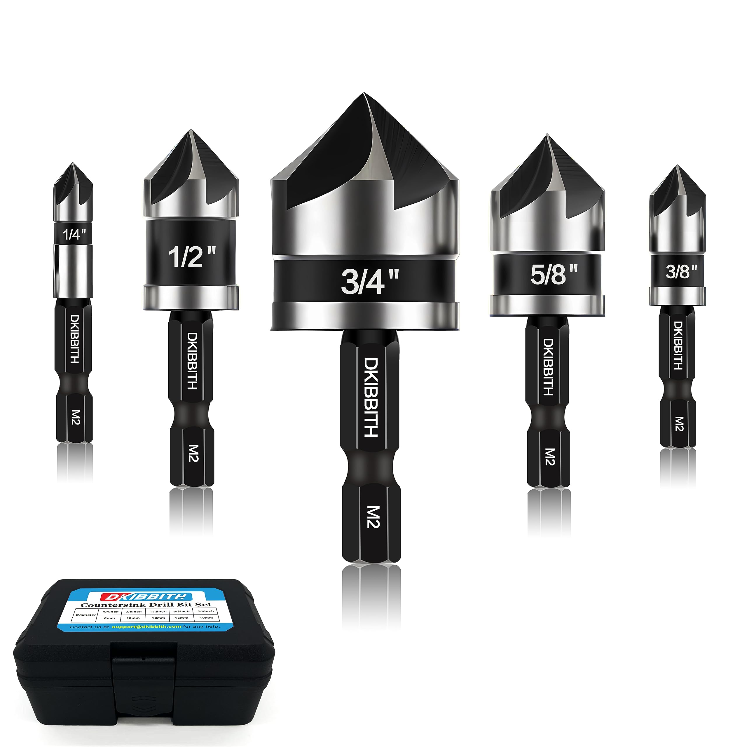 Countersink Drill Bit Set 5-Piece, M2 HSS, 82 Degree, 5 Flute, ¼” Quick Change Hex Shank, 1/4” 3/8” 1/2” 5/8” 3/4” Sharp and Durable Countersink Bits for Metal Wood and Plastic, with Storage Case