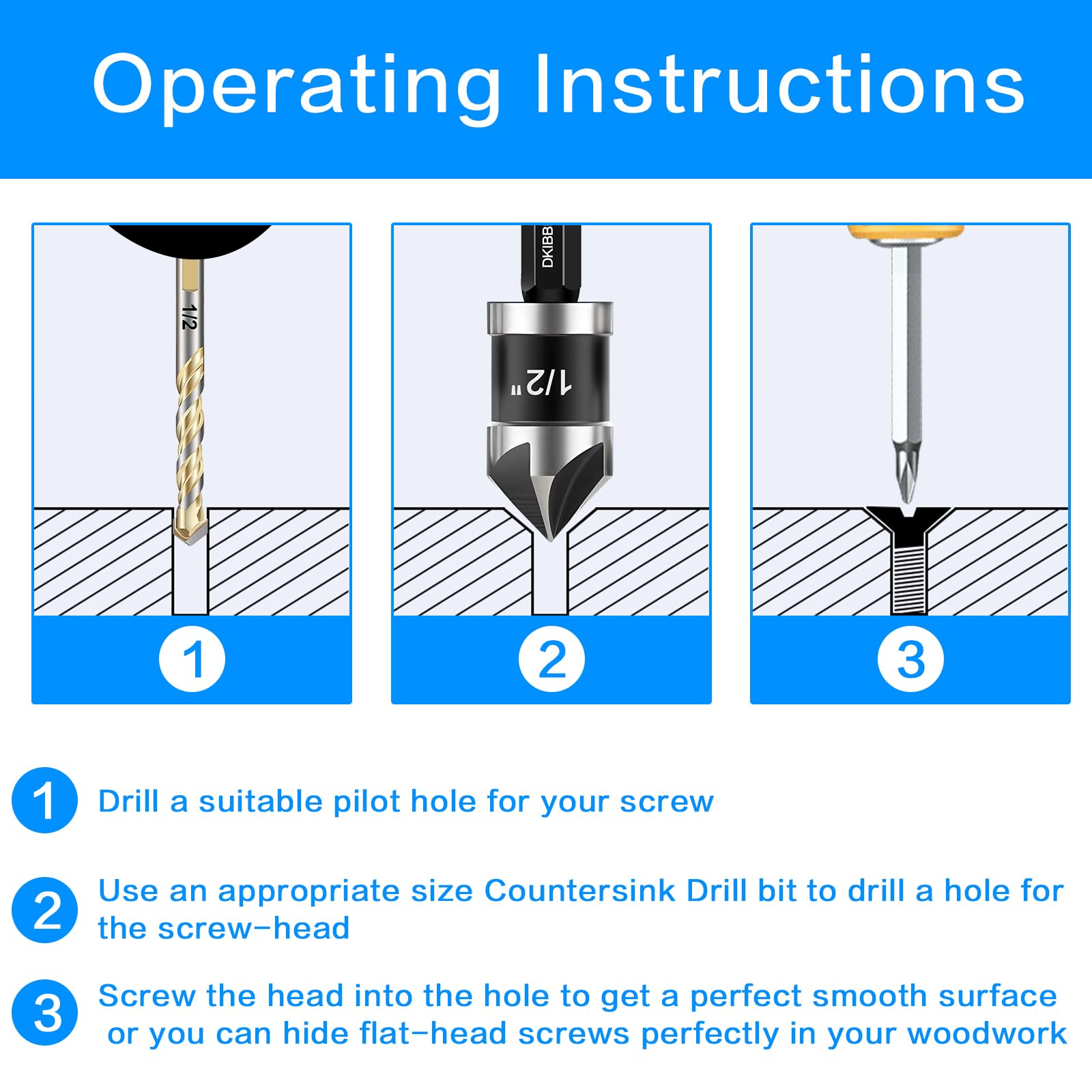 Countersink Drill Bit Set 5-Piece, M2 HSS, 82 Degree, 5 Flute, ¼” Quick Change Hex Shank, 1/4” 3/8” 1/2” 5/8” 3/4” Sharp and Durable Countersink Bits for Metal Wood and Plastic, with Storage Case