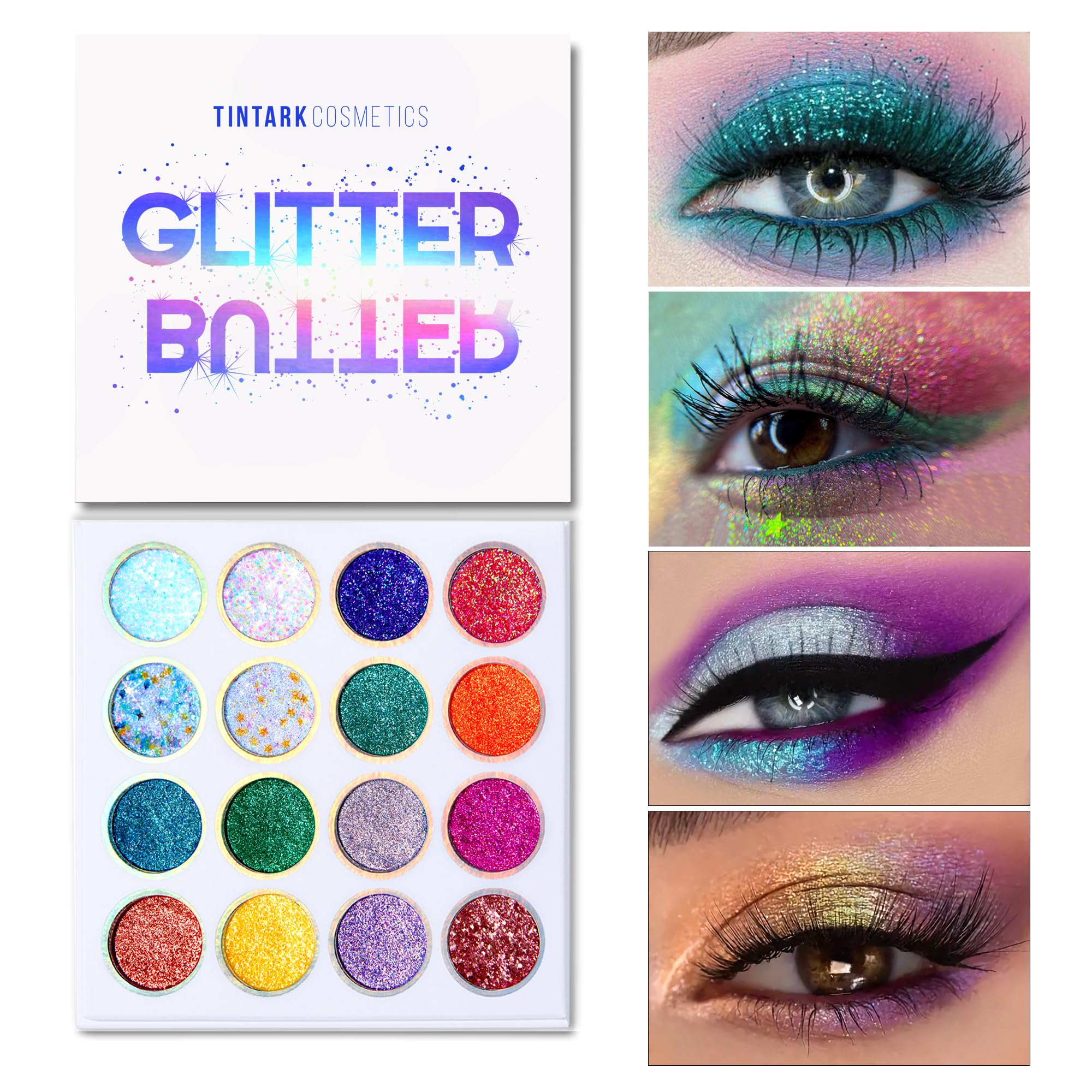 Tintark Glitter Butter Sparkle Eyeshadow Palette, 16 Colorful Holographic Multichrome Iridescent Chameleon Makeup Palette, Shimmer Highlighter Metallic Eye Shadow, Rainbow Eyeshadow Pallets