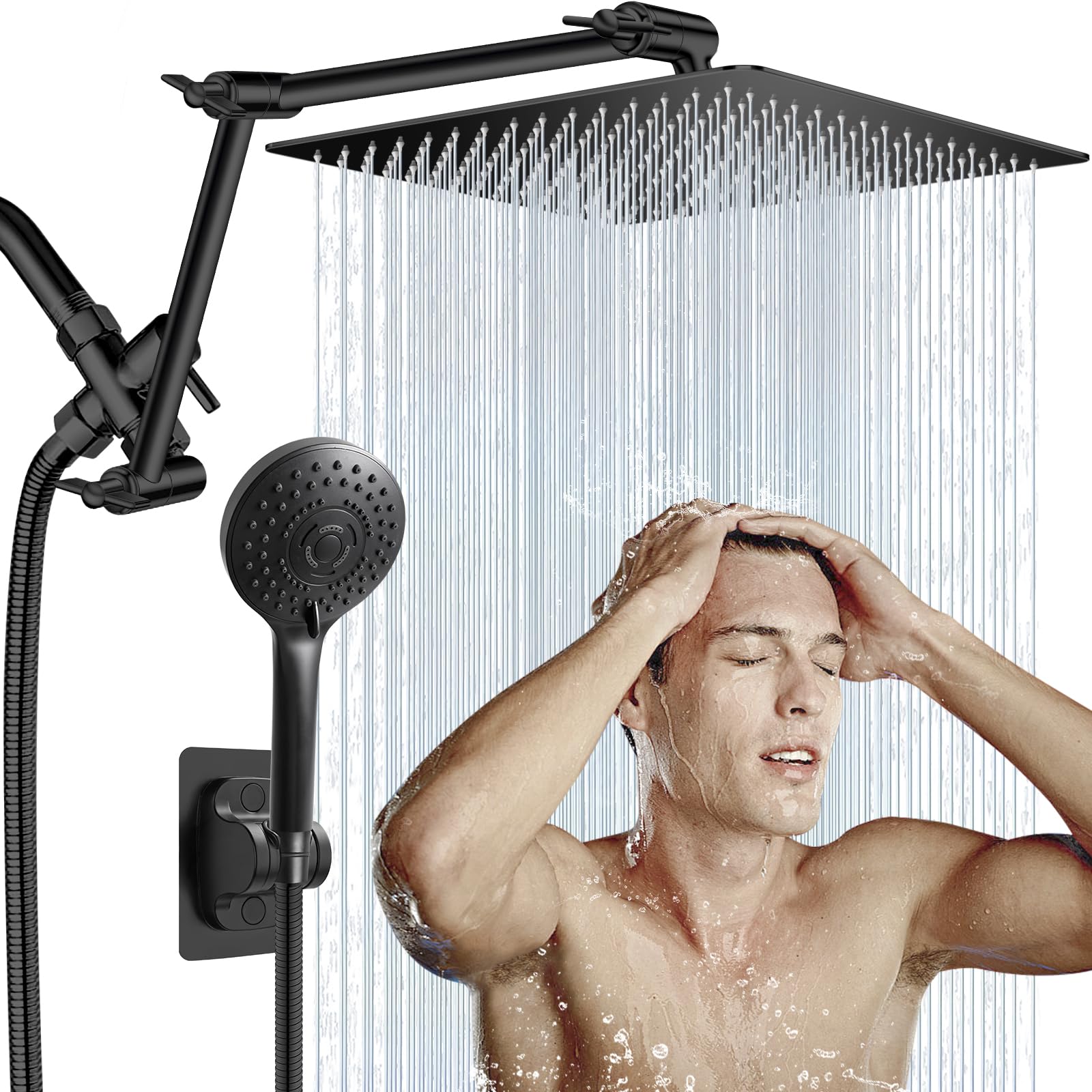 12'' Rain Shower Head with Handheld Spray, Black Shower Head High Pressure with 16'' Flexible Adjustment of Height/Angle Upgraded Extension Arm and 5 Setting Handheld Shower Head with Hose, Anti-leak