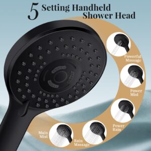 12'' Rain Shower Head with Handheld Spray, Black Shower Head High Pressure with 16'' Flexible Adjustment of Height/Angle Upgraded Extension Arm and 5 Setting Handheld Shower Head with Hose, Anti-leak