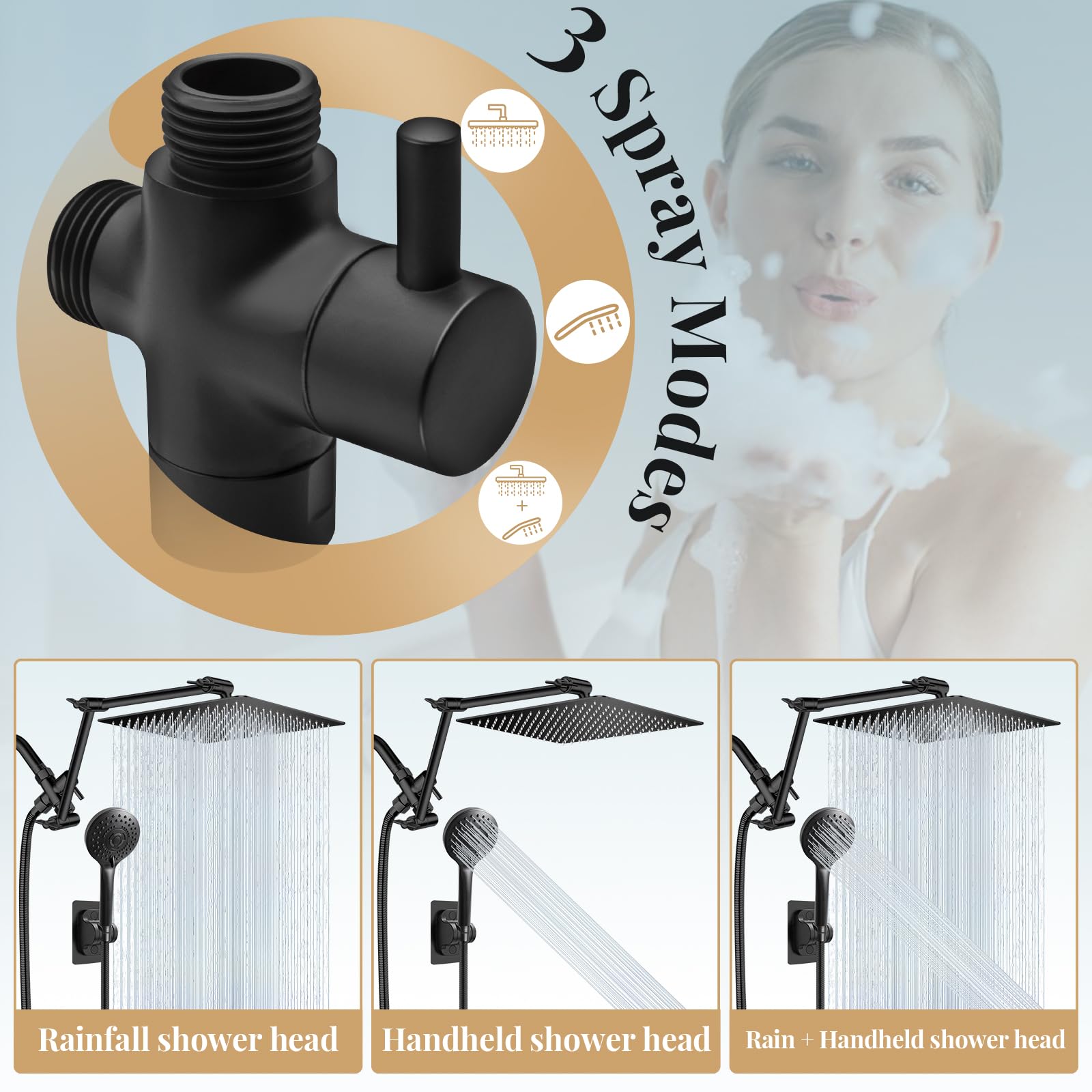 12'' Rain Shower Head with Handheld Spray, Black Shower Head High Pressure with 16'' Flexible Adjustment of Height/Angle Upgraded Extension Arm and 5 Setting Handheld Shower Head with Hose, Anti-leak