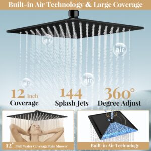 12'' Rain Shower Head with Handheld Spray, Black Shower Head High Pressure with 16'' Flexible Adjustment of Height/Angle Upgraded Extension Arm and 5 Setting Handheld Shower Head with Hose, Anti-leak