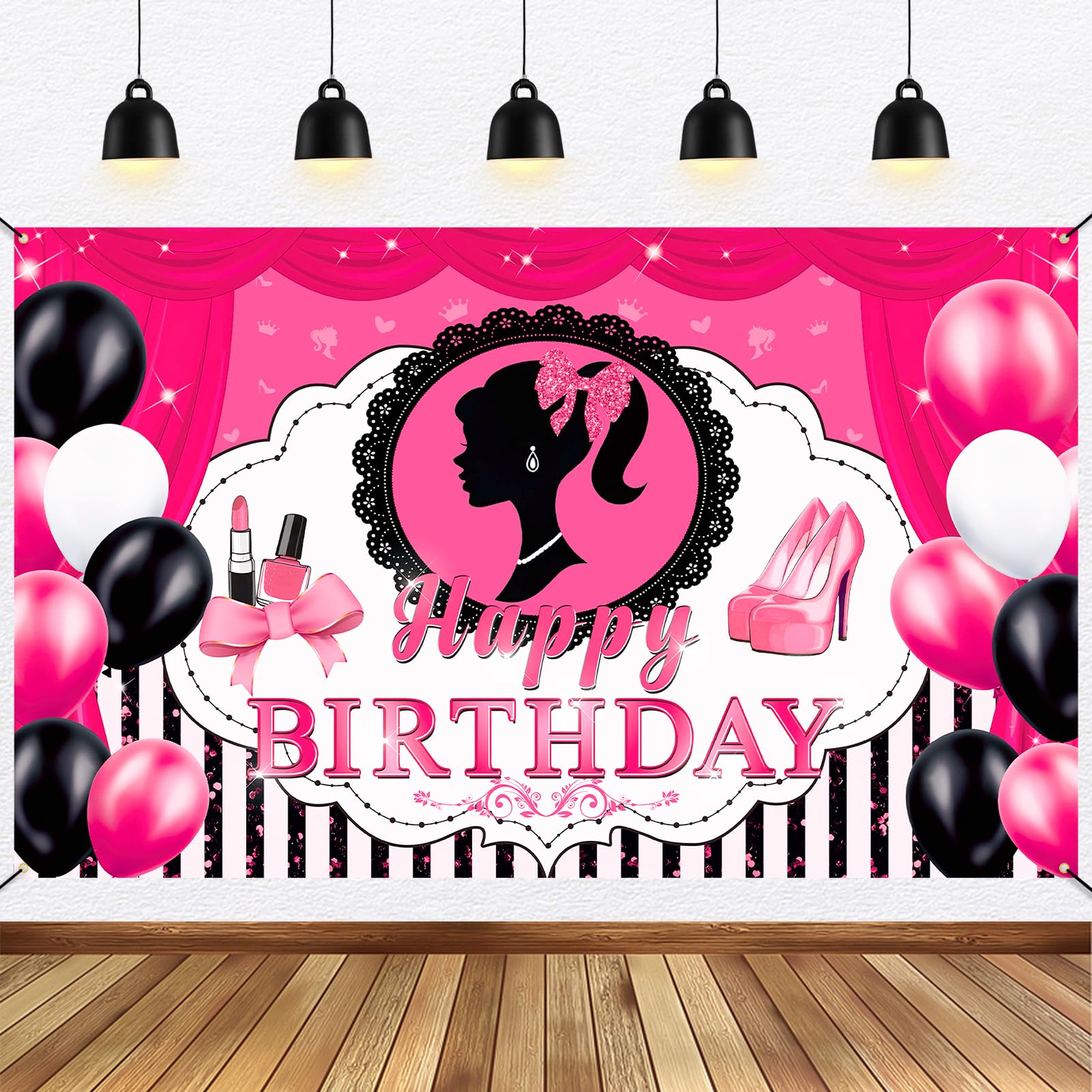 Ufocusmi Pink Birthday Decorations Princess Birthday Party Supplies, Girls Birthday Banner Backdrop Black and Pink Happy Birthday Banner 6 x 3.6 ft