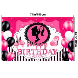 Ufocusmi Pink Birthday Decorations Princess Birthday Party Supplies, Girls Birthday Banner Backdrop Black and Pink Happy Birthday Banner 6 x 3.6 ft