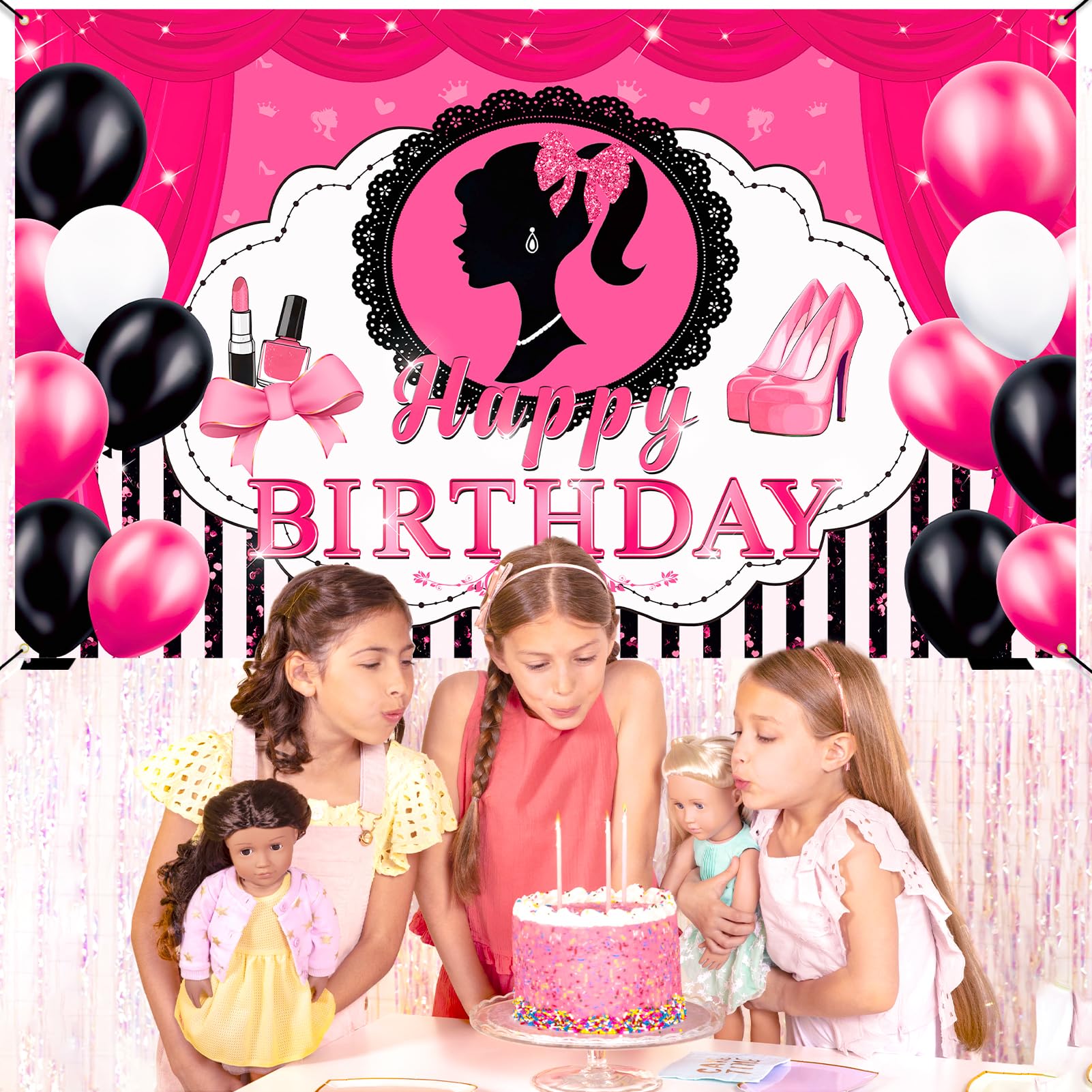 Ufocusmi Pink Birthday Decorations Princess Birthday Party Supplies, Girls Birthday Banner Backdrop Black and Pink Happy Birthday Banner 6 x 3.6 ft