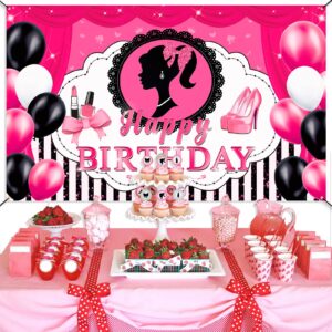 Ufocusmi Pink Birthday Decorations Princess Birthday Party Supplies, Girls Birthday Banner Backdrop Black and Pink Happy Birthday Banner 6 x 3.6 ft