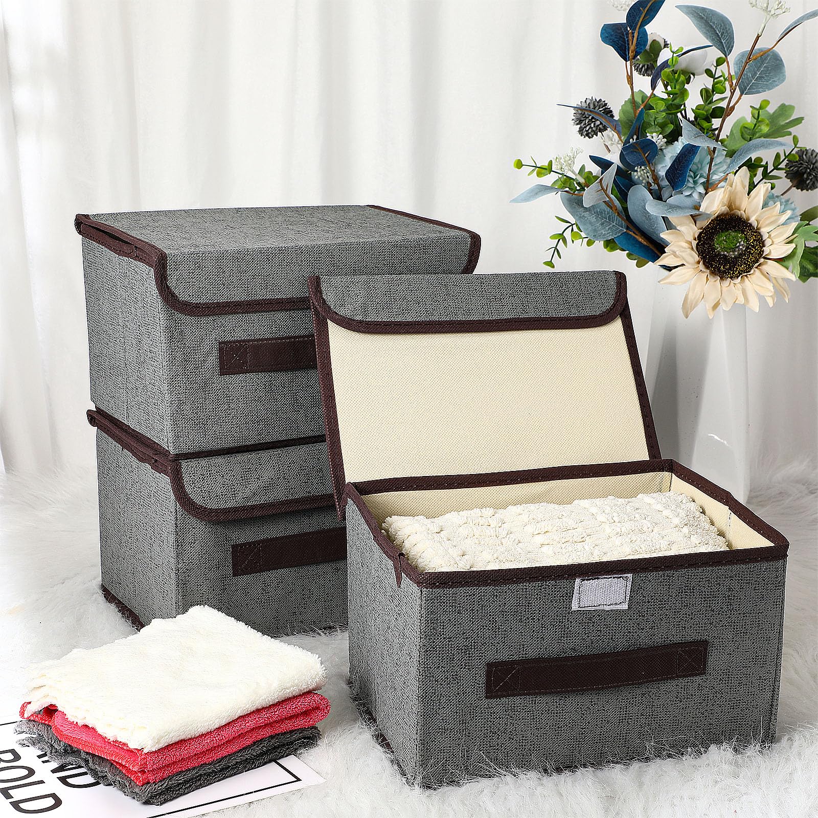 Yaomiao 20 Pcs Storage Boxes Foldable Box Large Linen Collapsible Storage Box with Lids Storage Bin Closet Organizers Case with Handle Clothes Containers Boxes for Bedroom Closet Home Office Nursery