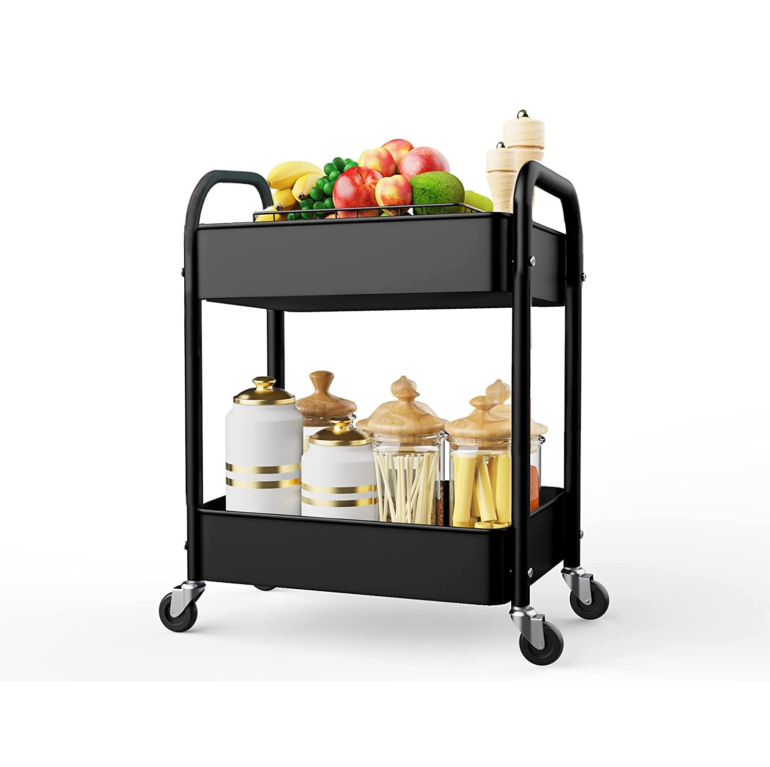 2-Tier Rolling Utility Cart with Handle,Mobile Metal Mesh Trolley with Wire Basket Shelving,Organizer Trolley with Lockable Wheels,Multifunctional Storage cart for Office Kitchen Bathroom,Black