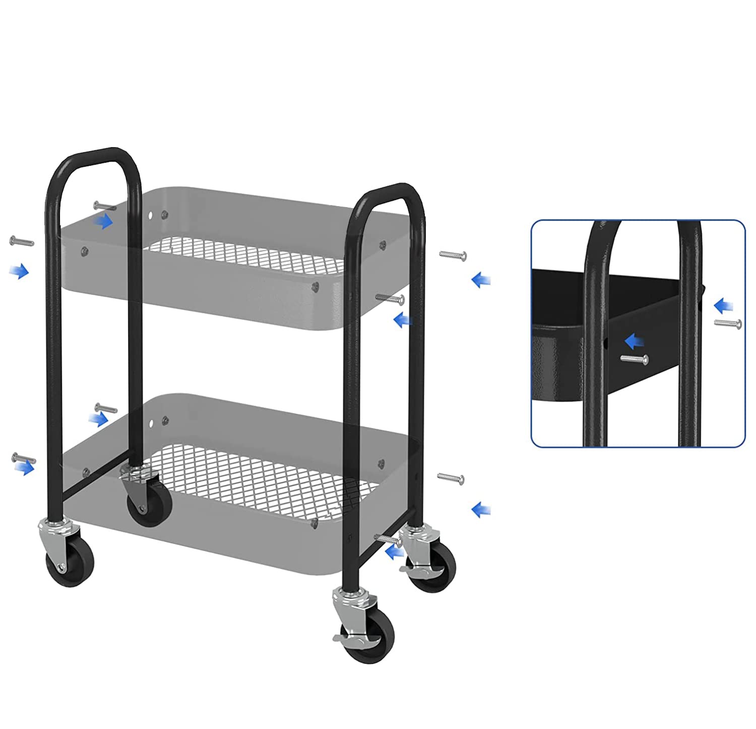 2-Tier Rolling Utility Cart with Handle,Mobile Metal Mesh Trolley with Wire Basket Shelving,Organizer Trolley with Lockable Wheels,Multifunctional Storage cart for Office Kitchen Bathroom,Black