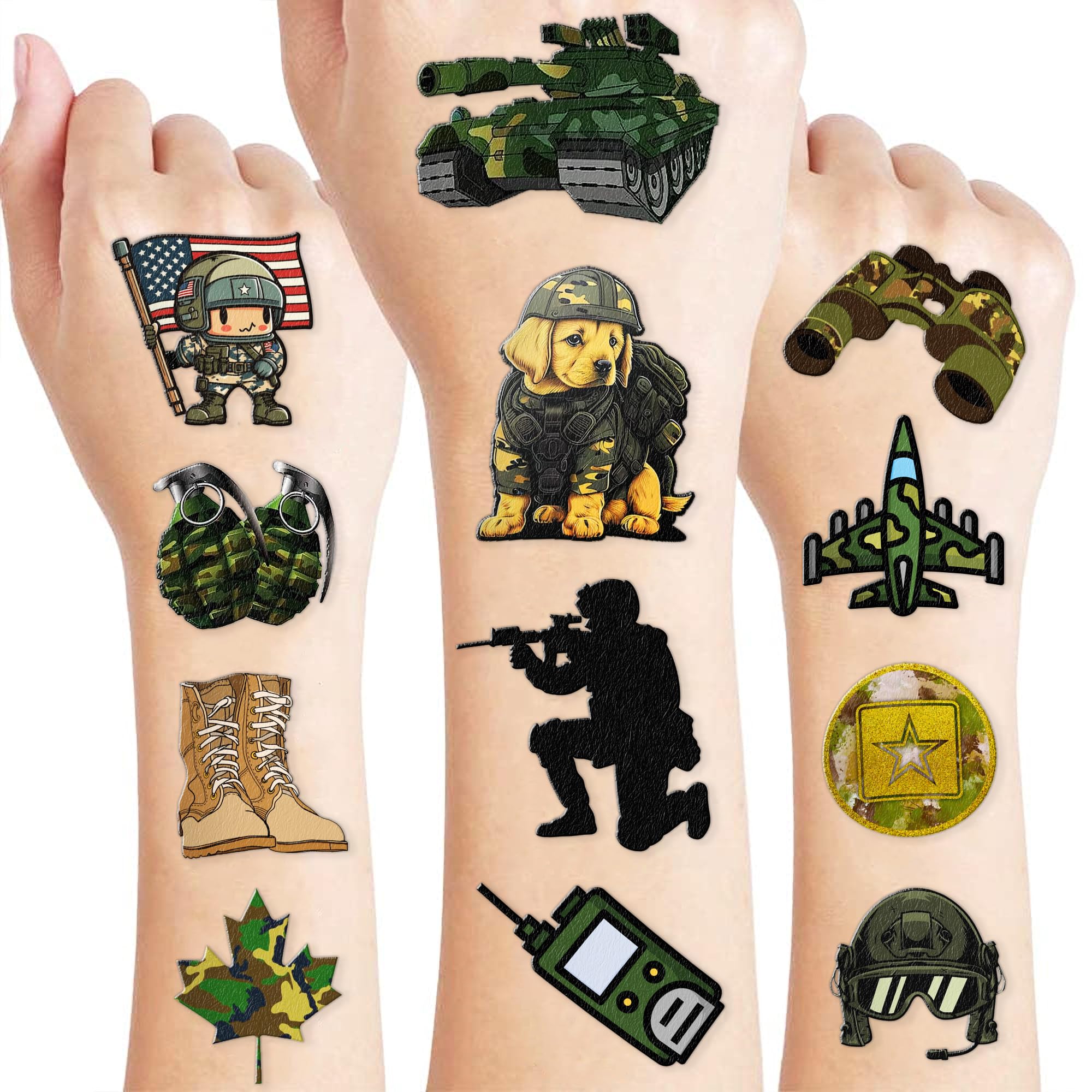 Army Temporary Tattoos - Memorial Day 80PCS Military Camouflage, Camo, Veterans Day Themed Stickers for Kids Birthday Party Supplies, Decorations, Favors and Prizes - Cute Gifts for Boys and Girls