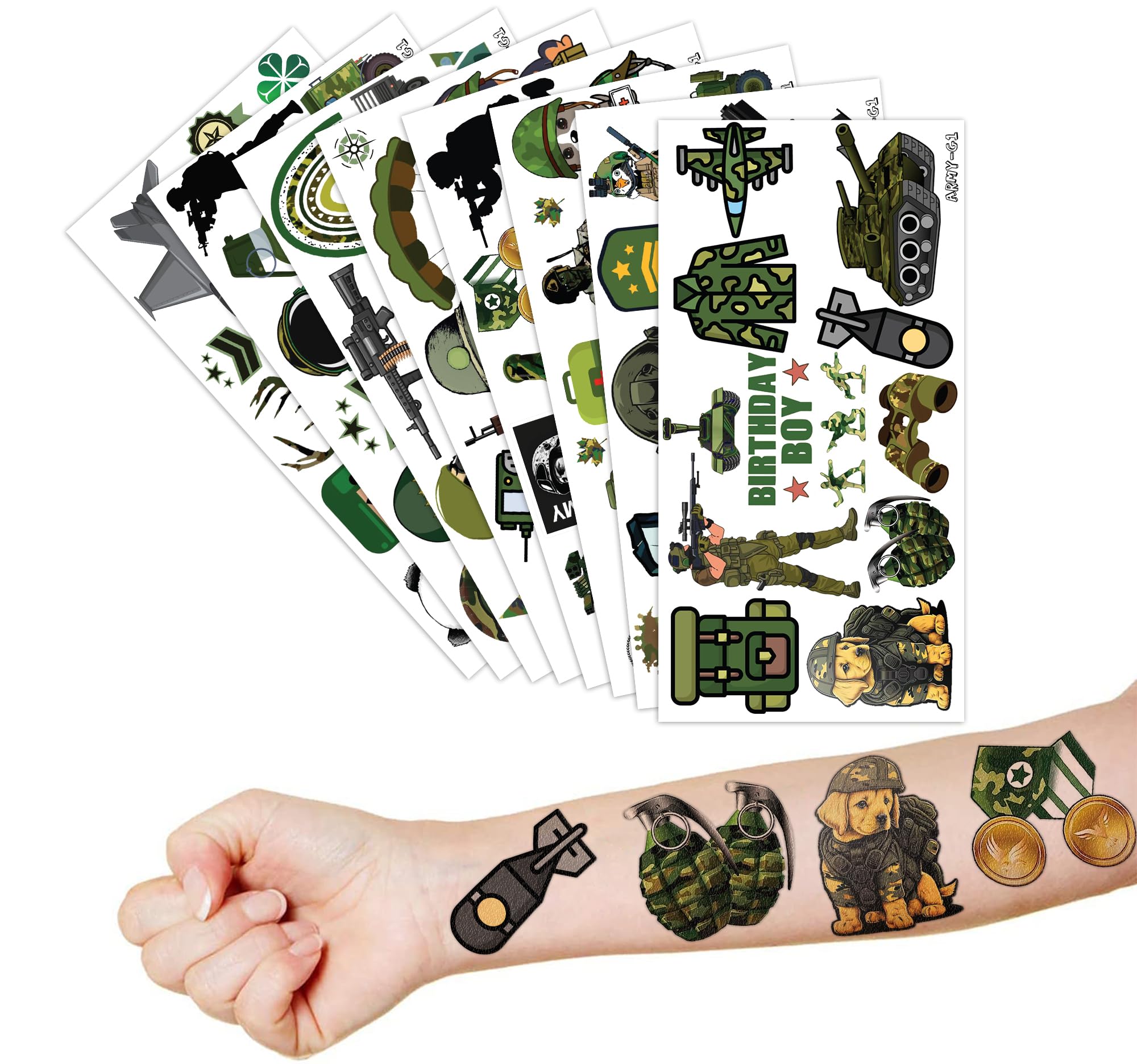 Army Temporary Tattoos - Memorial Day 80PCS Military Camouflage, Camo, Veterans Day Themed Stickers for Kids Birthday Party Supplies, Decorations, Favors and Prizes - Cute Gifts for Boys and Girls